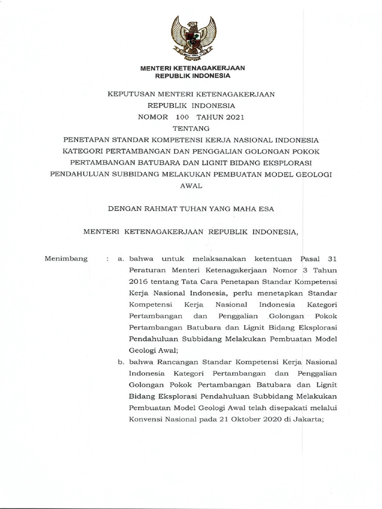 SKKNI 2021-100 Pembuatan Model Geologi Awal | PDF