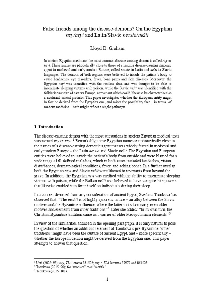 False Friends Among The Disease-Demons? On The Egyptian Nsy/nsyt and Latin/Slavic Nessia/nežit ...