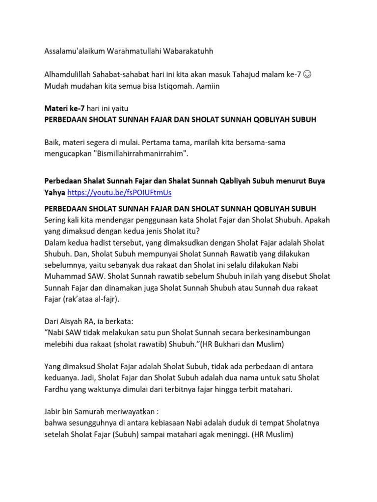 7 - Perbedaan Sholat Sunah Fajar Dan Qobliyah Subuh | PDF