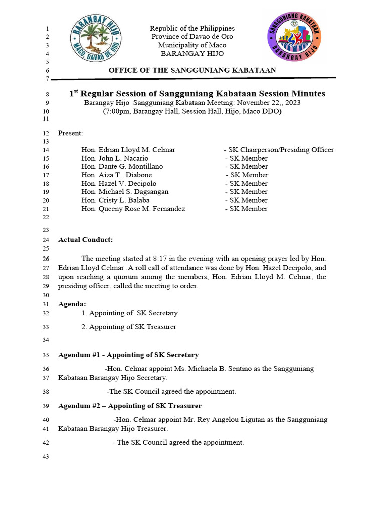 1 Regular Session of Sangguniang Kabataan Session Minutes | PDF ...