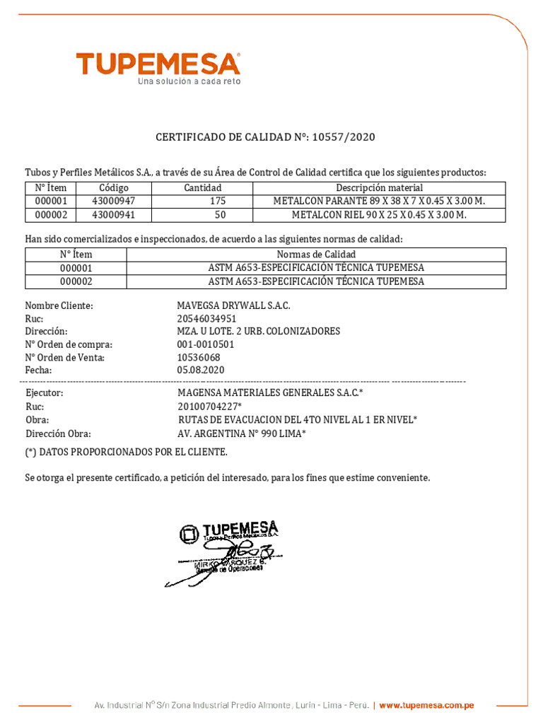 Certificados Materiales Drywall RF | PDF | Perú
