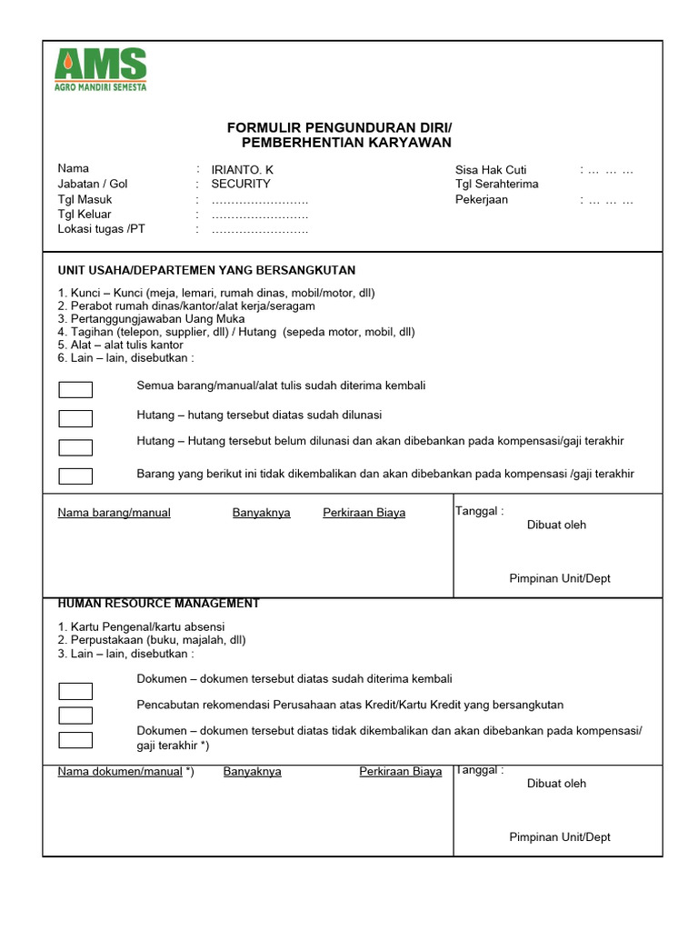 Formulir Pengunduran Diri Karyawan | PDF