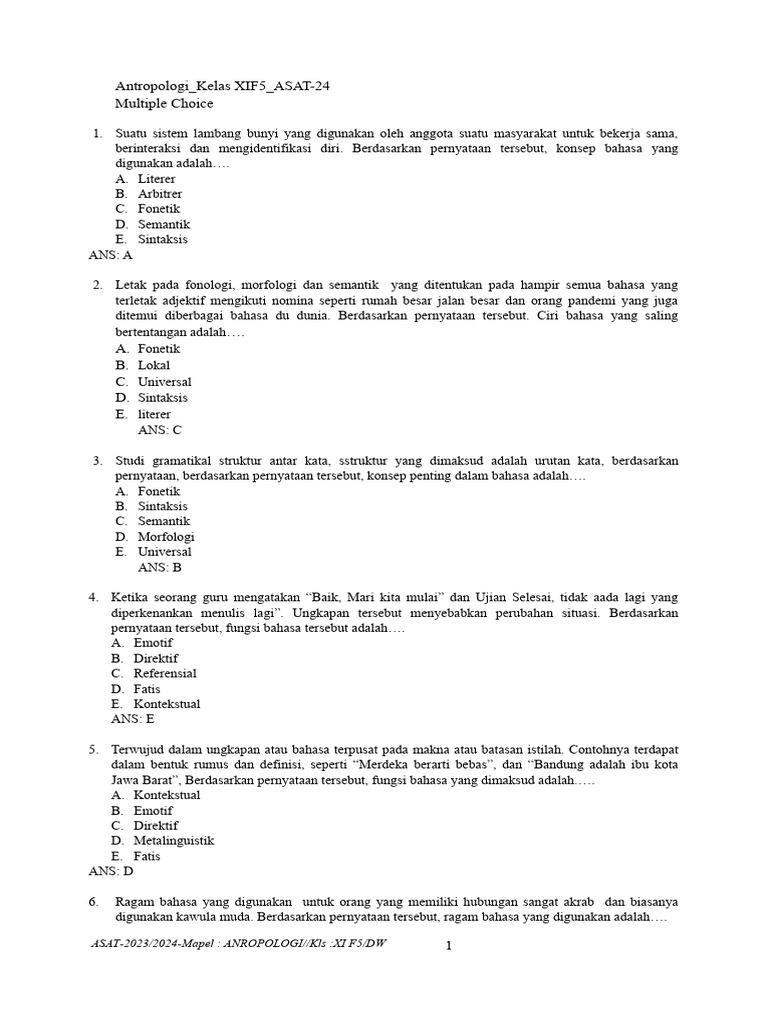 Soal Asat Xi F 5 2024 Kunci Antro | PDF | Seni & Disiplin Bahasa