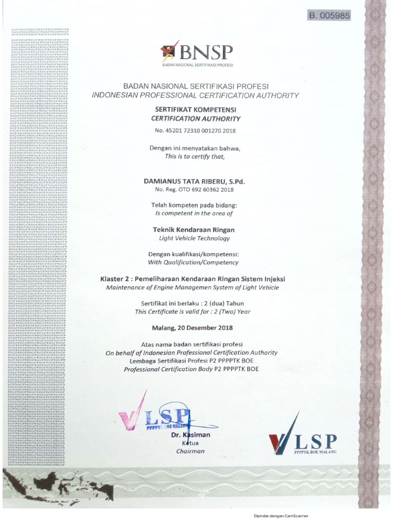 Sertifikat Kompetensi BNSP 1 | PDF