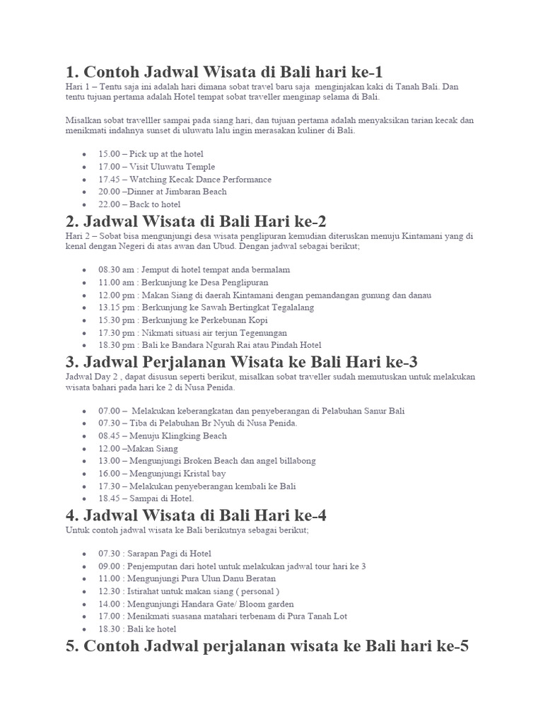 Itinerary 7 Hari Wisata Bali | PDF