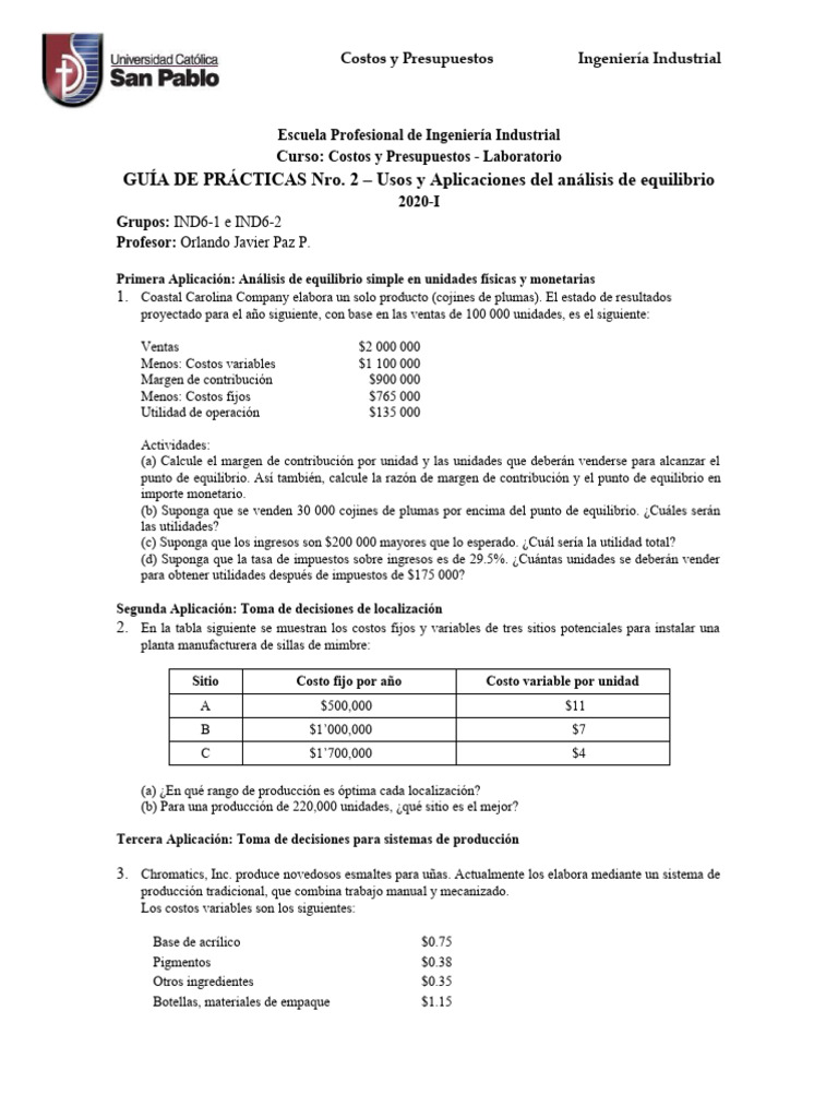 Guia Practica 2 2020I - Aplicaciones Del Punto de Equilibrio | PDF | Presupuesto | Economias