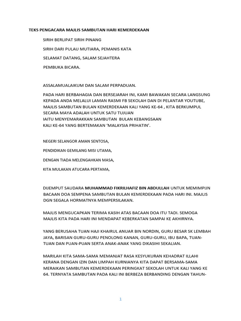 TEKS-PENGACARA-MAJLIS-SAMBUTAN-HARI-KEMERDEKAAN | PDF