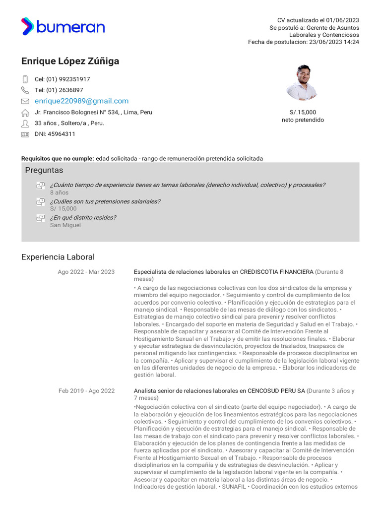 CV Enrique López Zúñiga | PDF | Derecho laboral | Relaciones laborales
