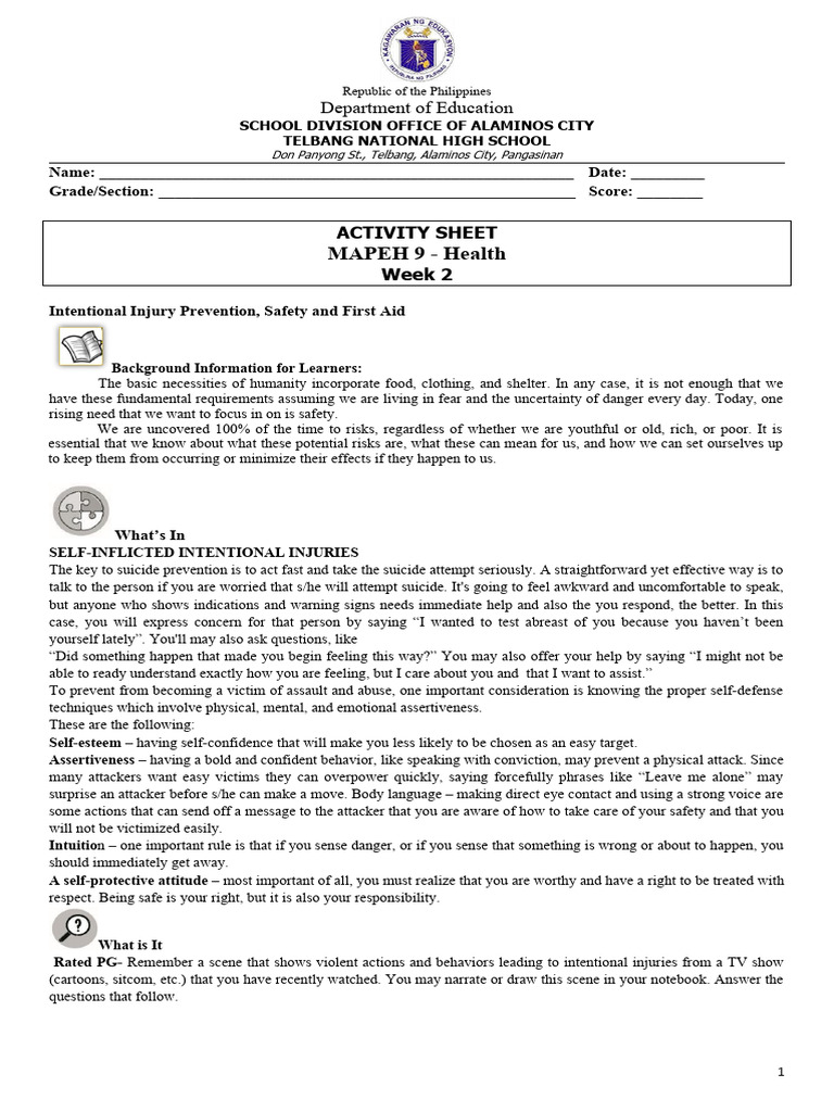 Activity Sheet MAPEH 9 4TH QTR. Week 2 2023 2024 | PDF | Self Esteem | Violence