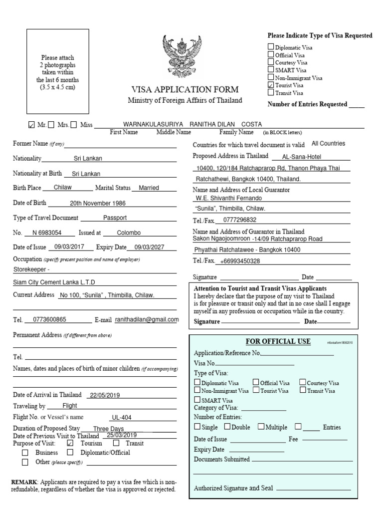 Thailand Visa Application Form | PDF | Travel Visa | Thailand