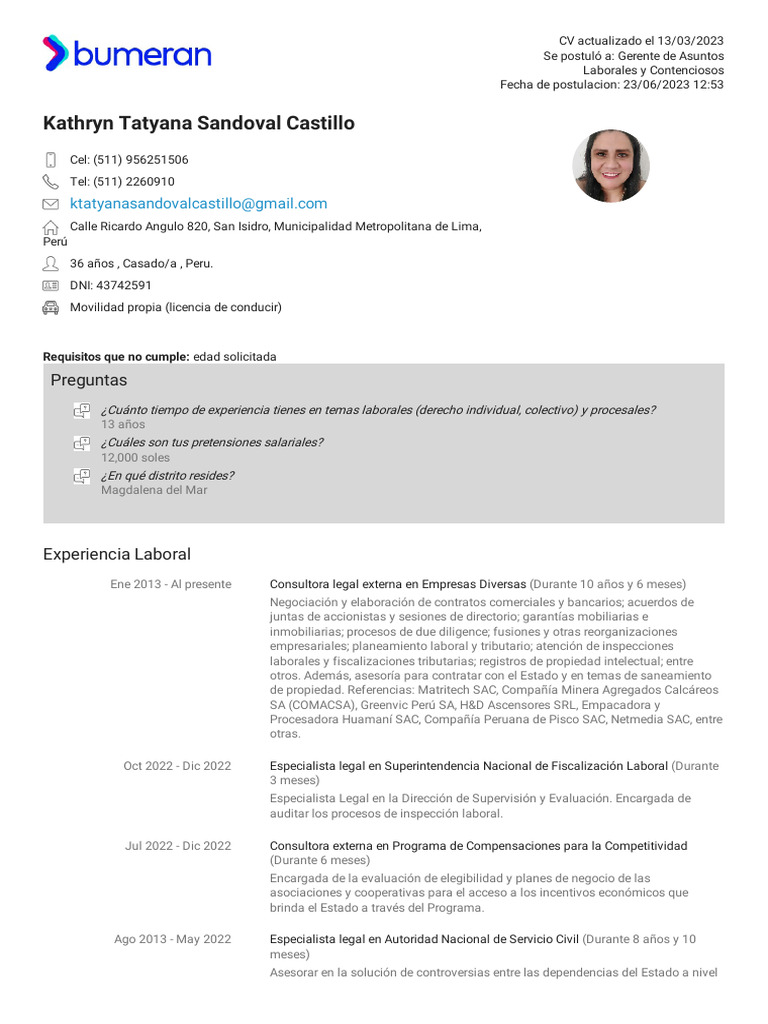 CV Kathryn Tatyana Sandoval Castillo | PDF | Perú | Economias