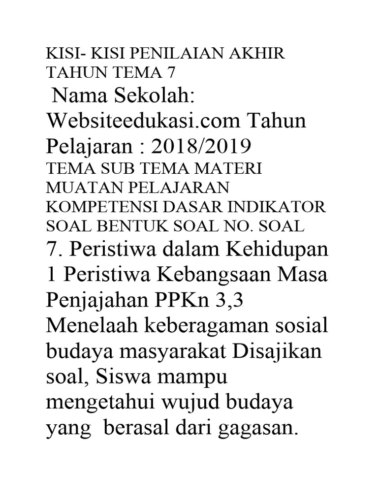 KISI - Kisi Soal Kelas 5 Tema 7 | PDF | Seni & Disiplin Bahasa | Kajian Bahasa Asing