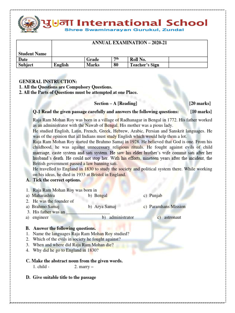 Class - 7 - English - Annual Exam Paper 20-21 | PDF | Linguistics