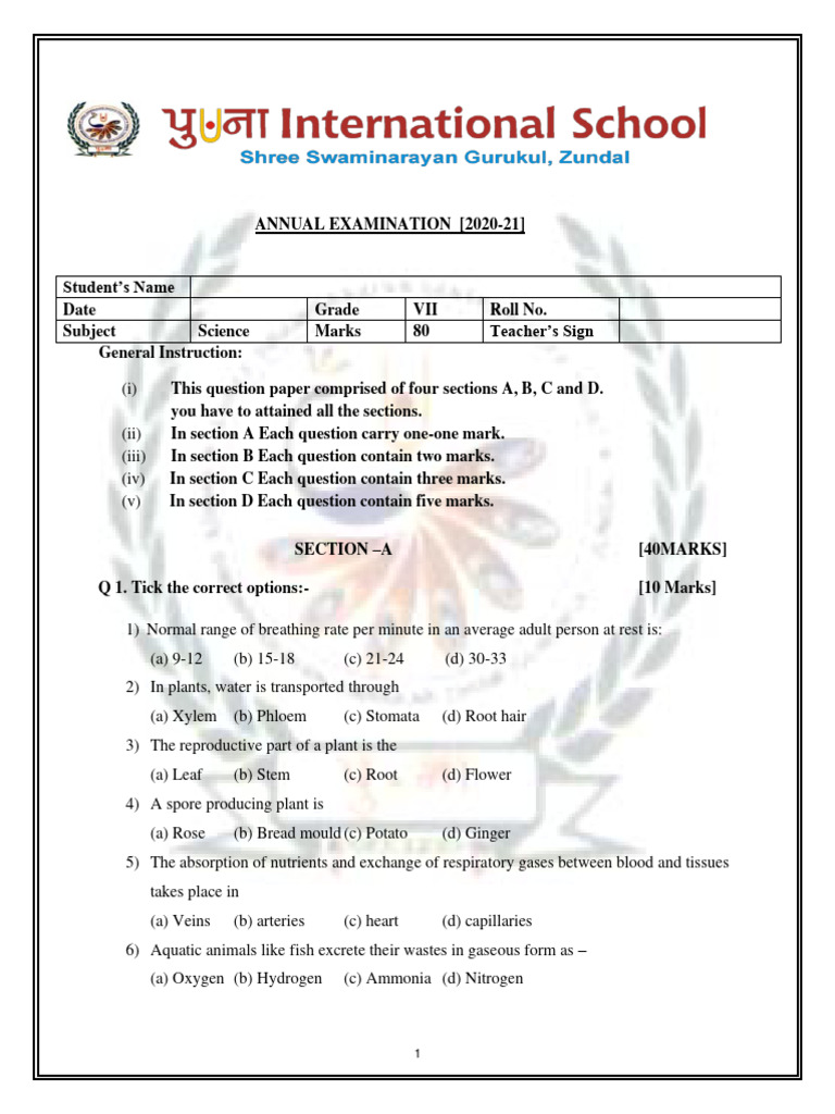 Class - 7 - Science - Annual Exam Paper 20-21 | PDF | Plant Stem | Biology