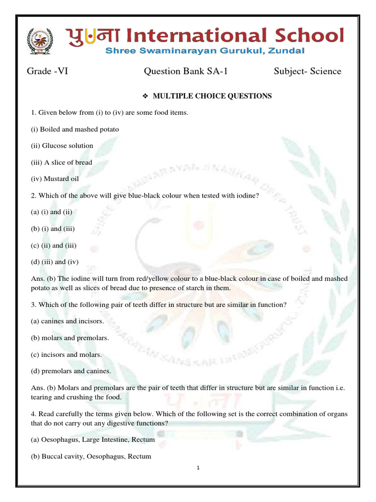 Grade VI Science Question Bank SA-1 | PDF | Soil | Digestion