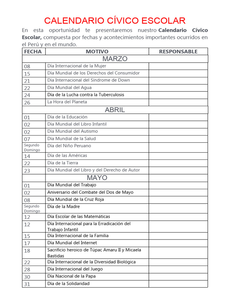 Calendario Cívico Escolar Pdf Perú 0828