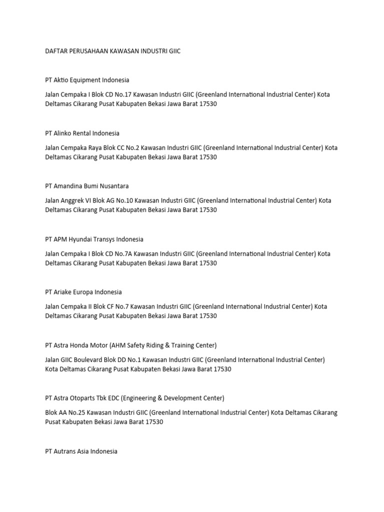 Daftar Perusahaan Kawasan Industri Giic | PDF | Bisnis | Teknologi & Rekayasa