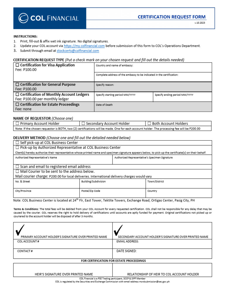 Certification Request Form v10.2023 | PDF | Mail | Service Industries