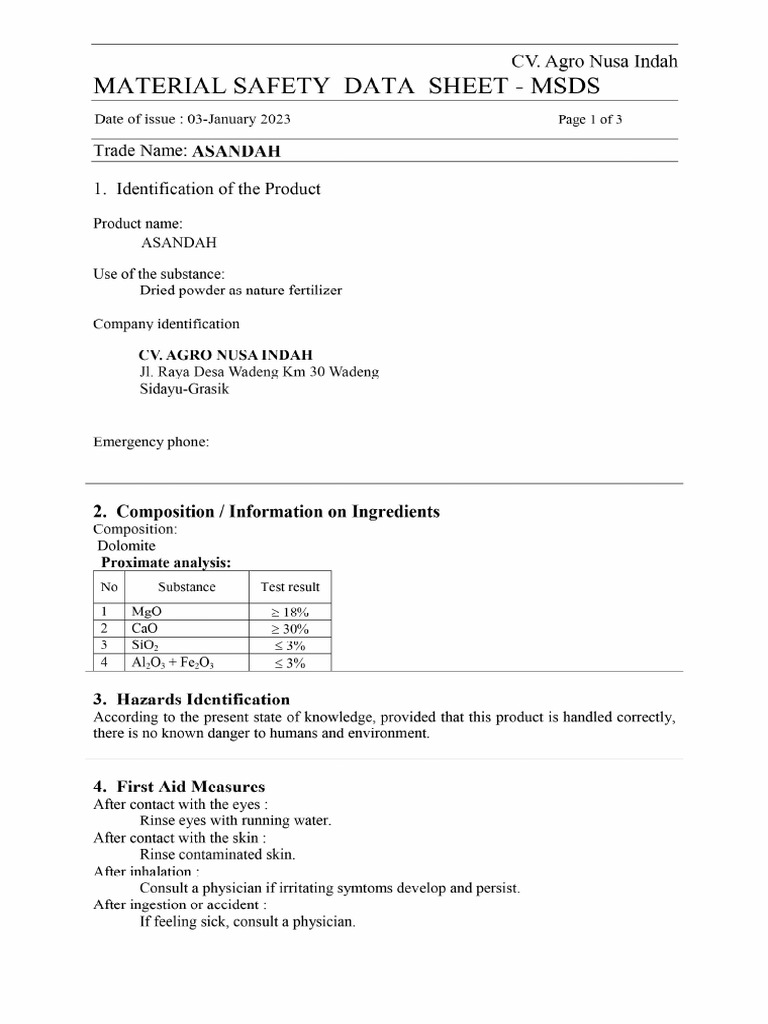 MSDS Dolomite Asandah | PDF
