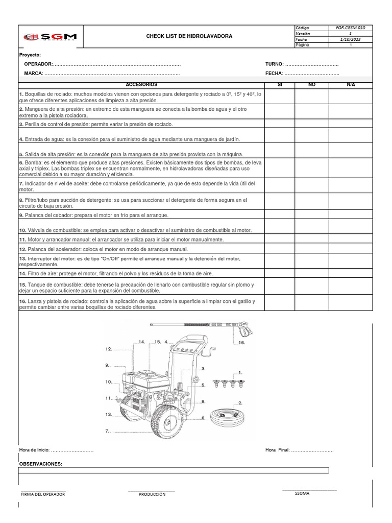 Checklist de Hidrolavadora 2023 | PDF | Bomba | Acelerador