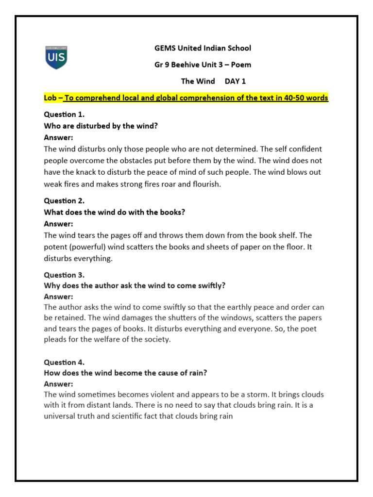 The Wind - Answer Key | PDF | Nature | Loneliness