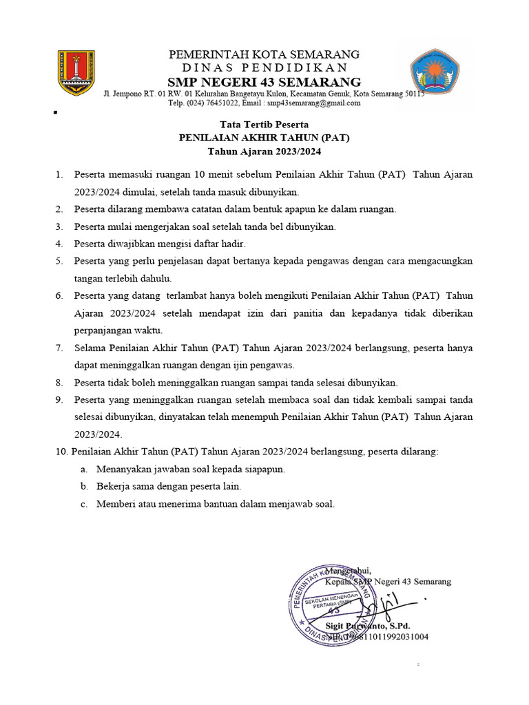 Tata Tertib Peserta Dan Pengawas Pat 2023-2024 | PDF