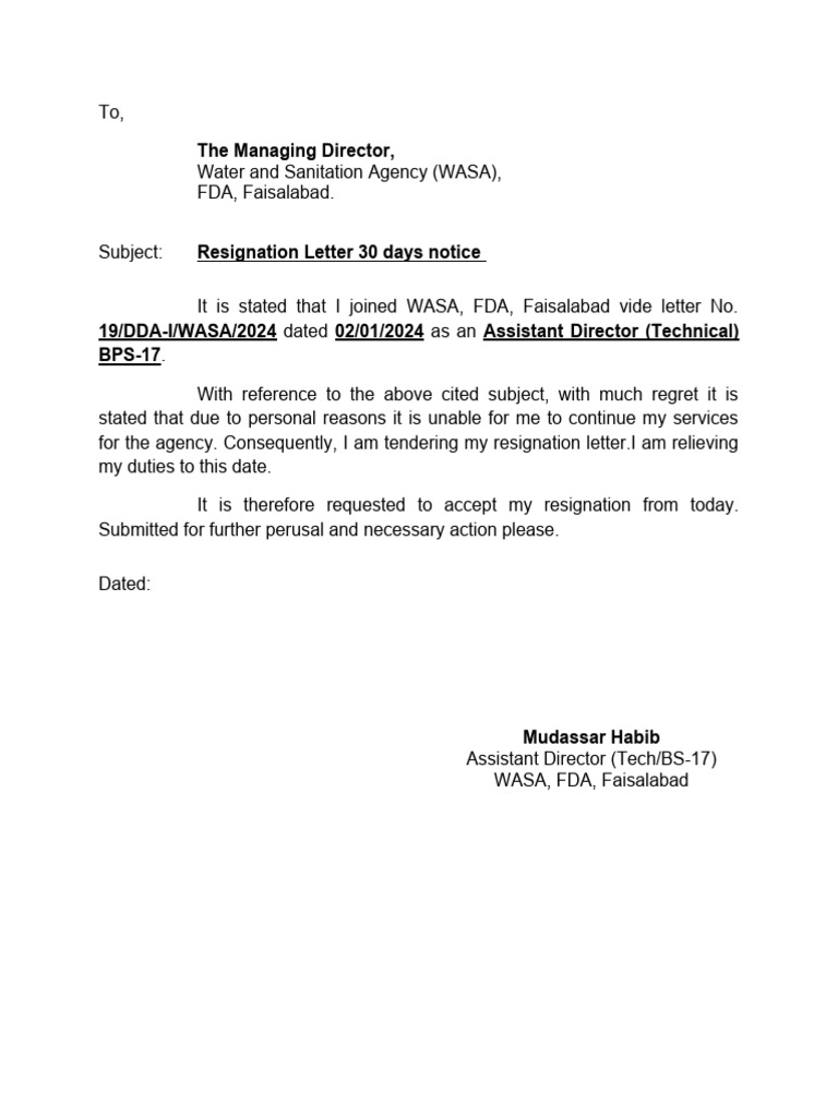 Resignation Letter Wasa - Mudassar | PDF