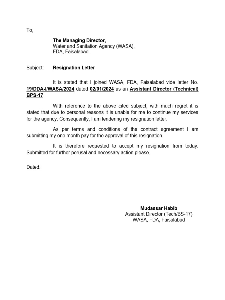 Resignation Letter Wasa - Mudassar | PDF | Government