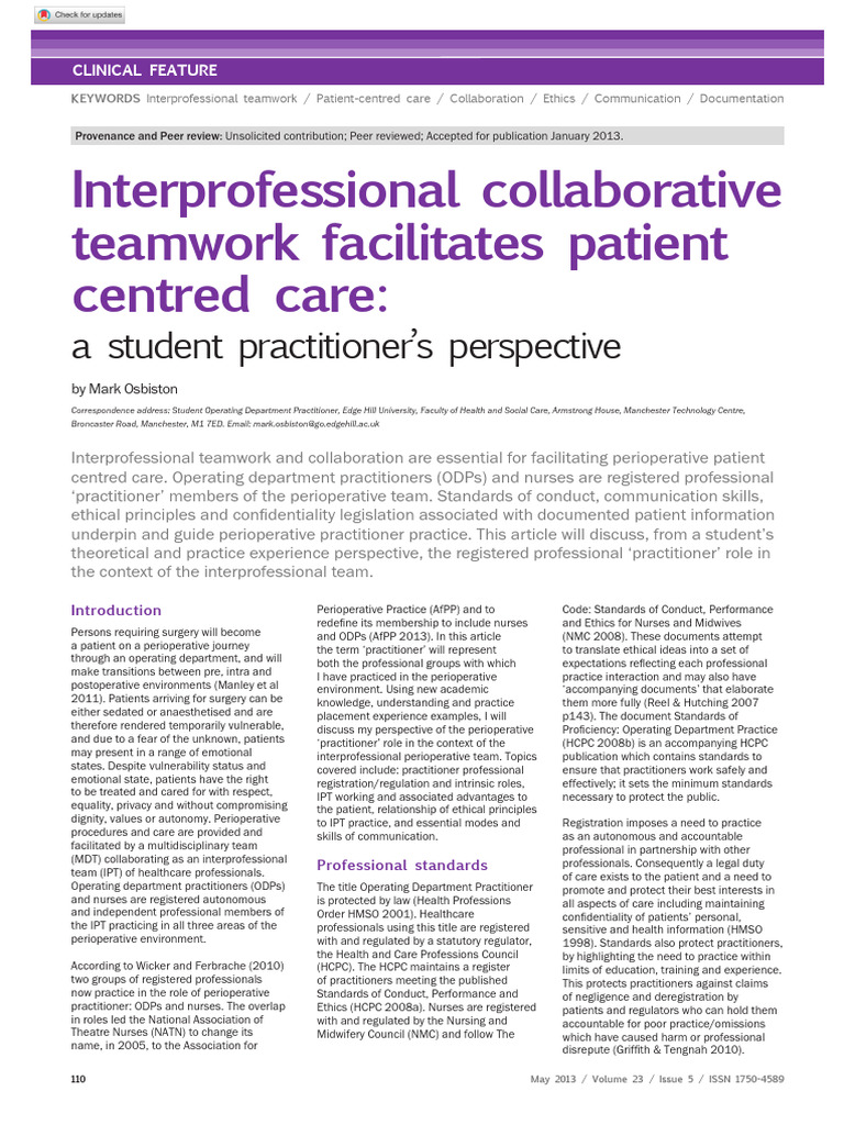 Interprofessional Teamwork in Perioperative Care | PDF | Nursing | Surgery