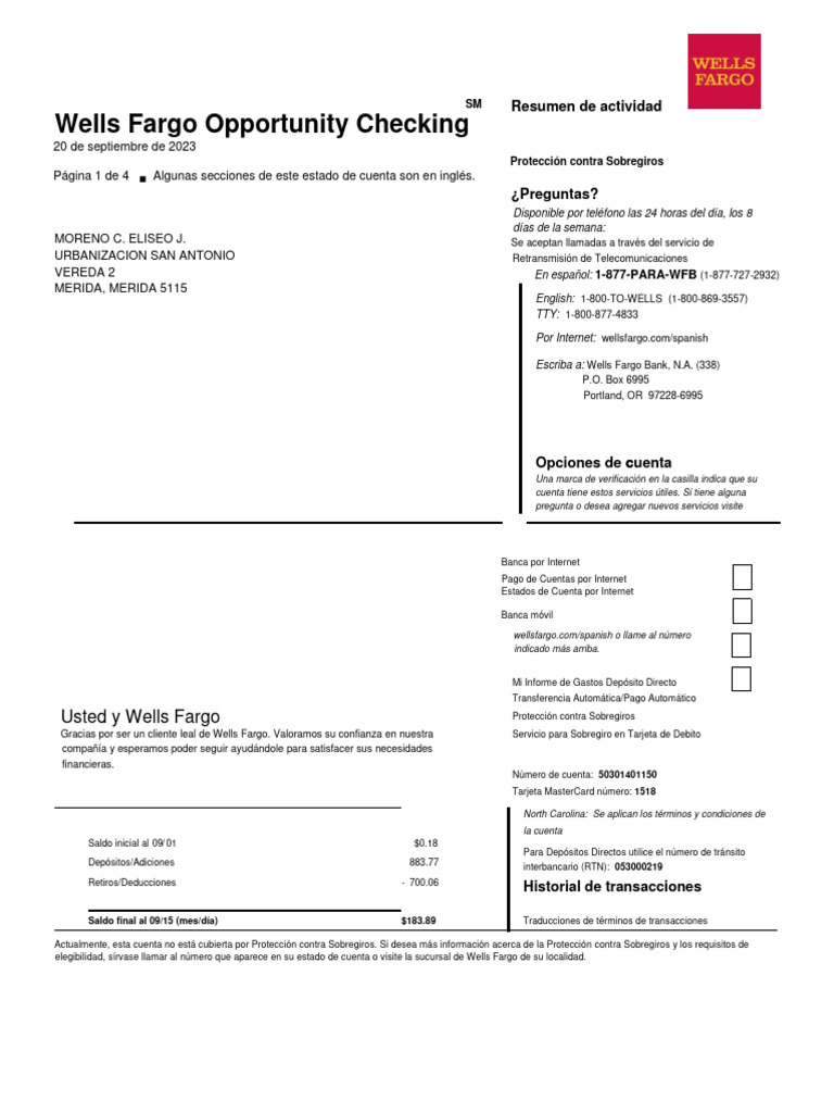Wells Fargo Account Statement ELICEO | PDF | Tarjeta de débito ...