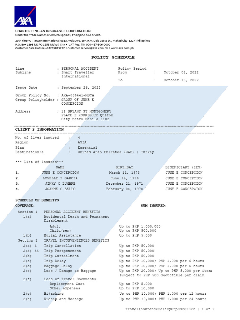 Smart Traveller Policy Schedule AXA-066441-MBCA - 1 | PDF | Deductible ...