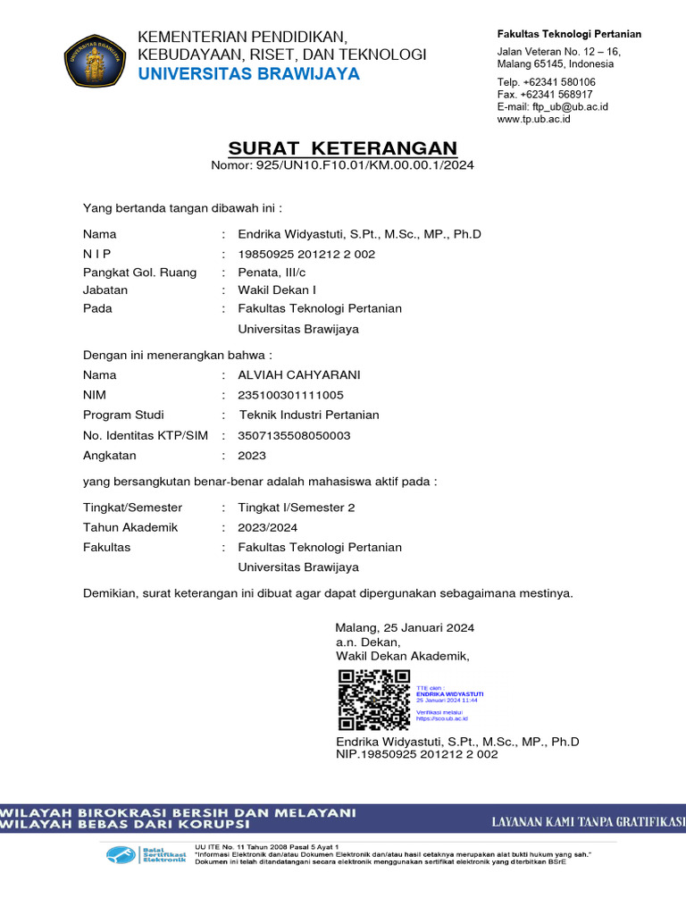 Surat Keterangan Mahasiswa Aktif UB | PDF
