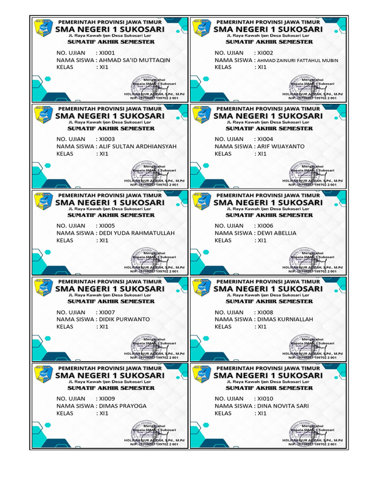 Kartu Peserta Sas Kelas Xi Siap Cetak | PDF