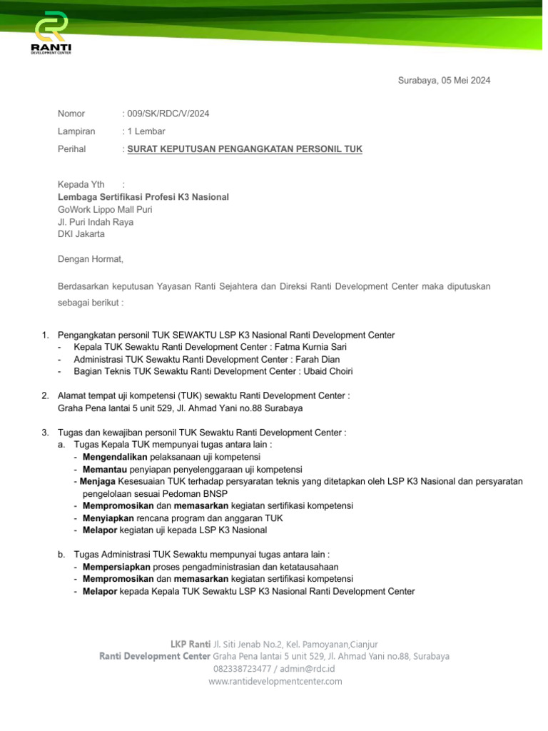 Surat Pengakatan Personil TUK RDC (LSP K3 Nasional) | PDF | Karier ...