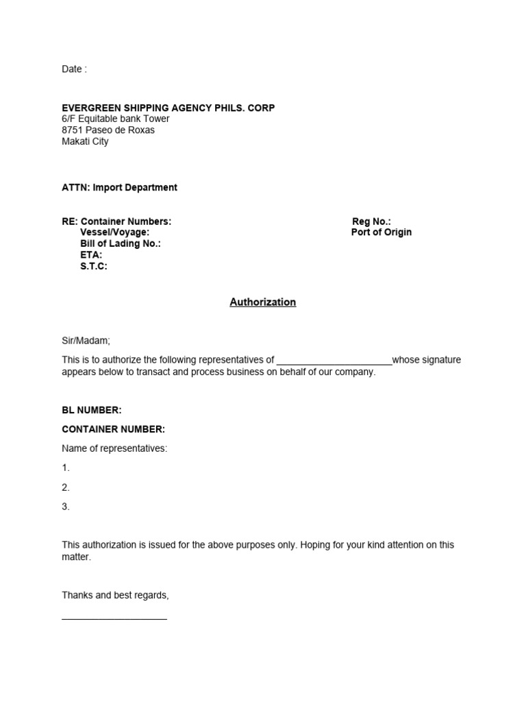 Authorization Letter for Evergreen Shipping | PDF | Business