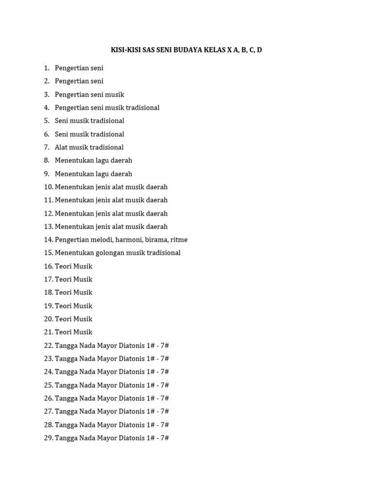 Kisi-Kisi SAS Seni Budaya Kelas X Genap 2024 | PDF