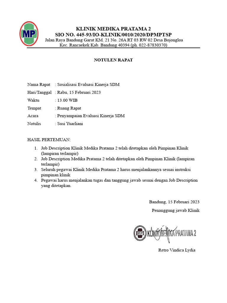 contoh Notulen Rapat EVALUASI KINERJA SDM | PDF