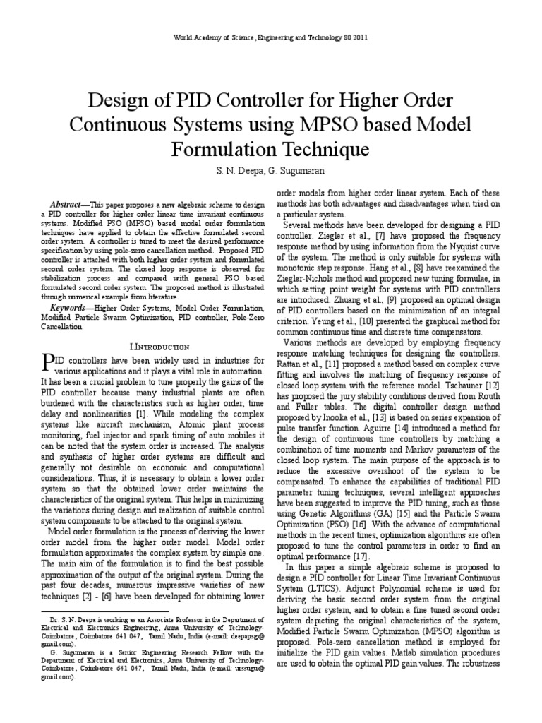 Design Of Pid Controller For Higher Order Continuous Systems Using Mpso Based Model Formulation