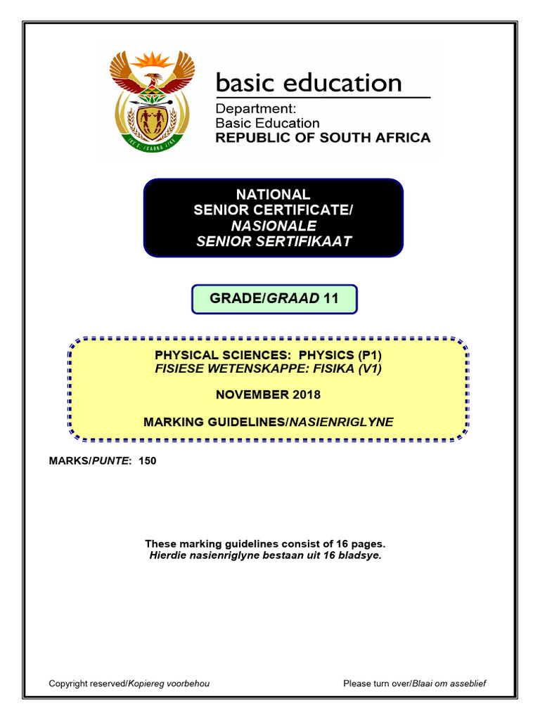 Physical Sciences P1 Grade 11 Nov 2018 Memo Afr & Eng | PDF