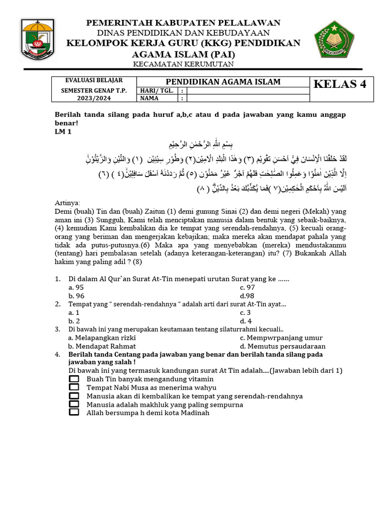 SOAL PAI Kls 4 SMTR 2 .11 Mei - 2024 | PDF