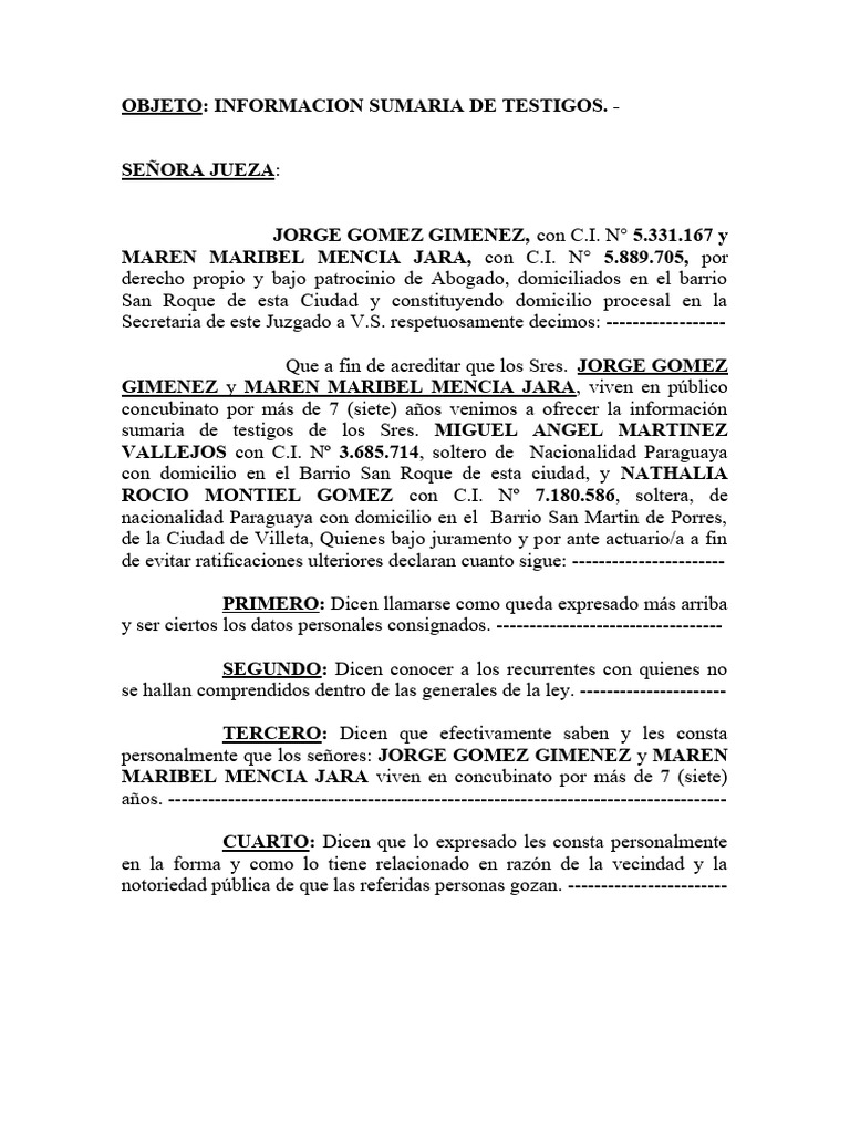 Informacion Sumaria de Testigos (Concubinato) - Imprimir | PDF ...