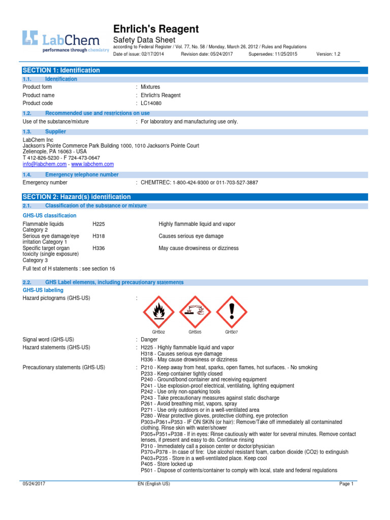 Ehrlich's Reagent Safety Data Sheet | PDF | Firefighting | Toxicity