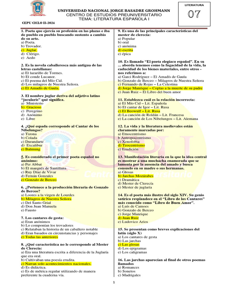 07 Práctica de Literatura Española II Con Claves Claves Cepu II-2024 | PDF | Don Quijote ...