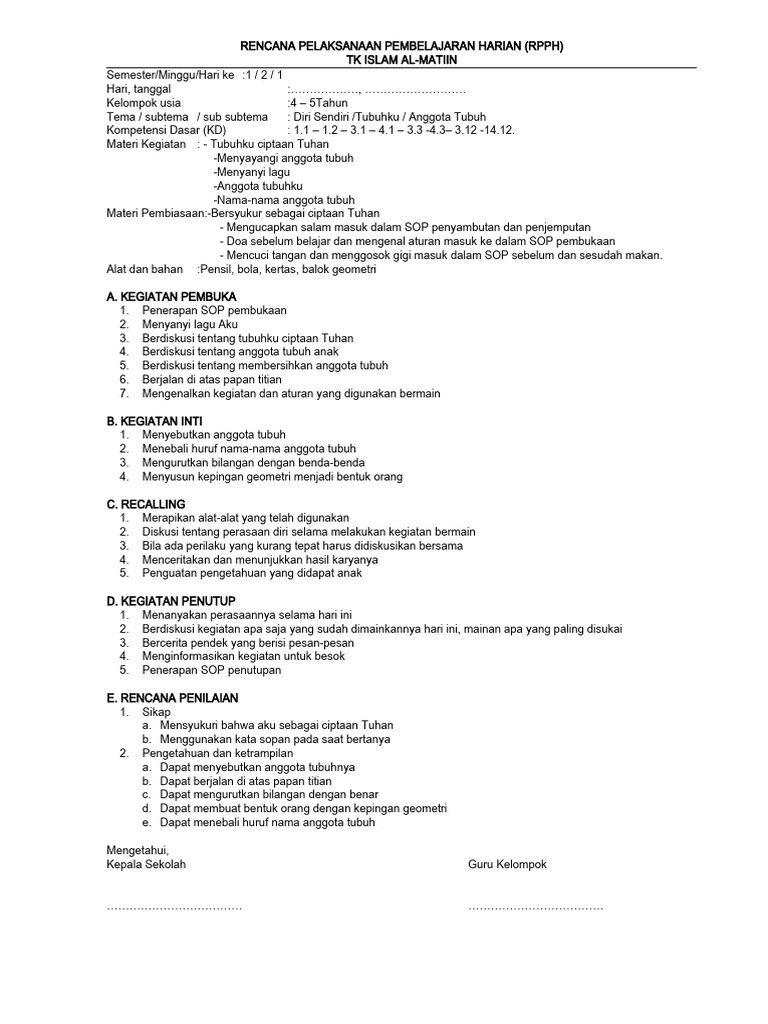 RPPH TK-A SMT1 Minggu - 02 - Tubuhku | PDF