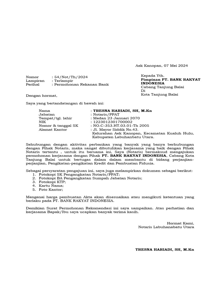 Draft-Surat-Permohonan Rekanan Bank | PDF
