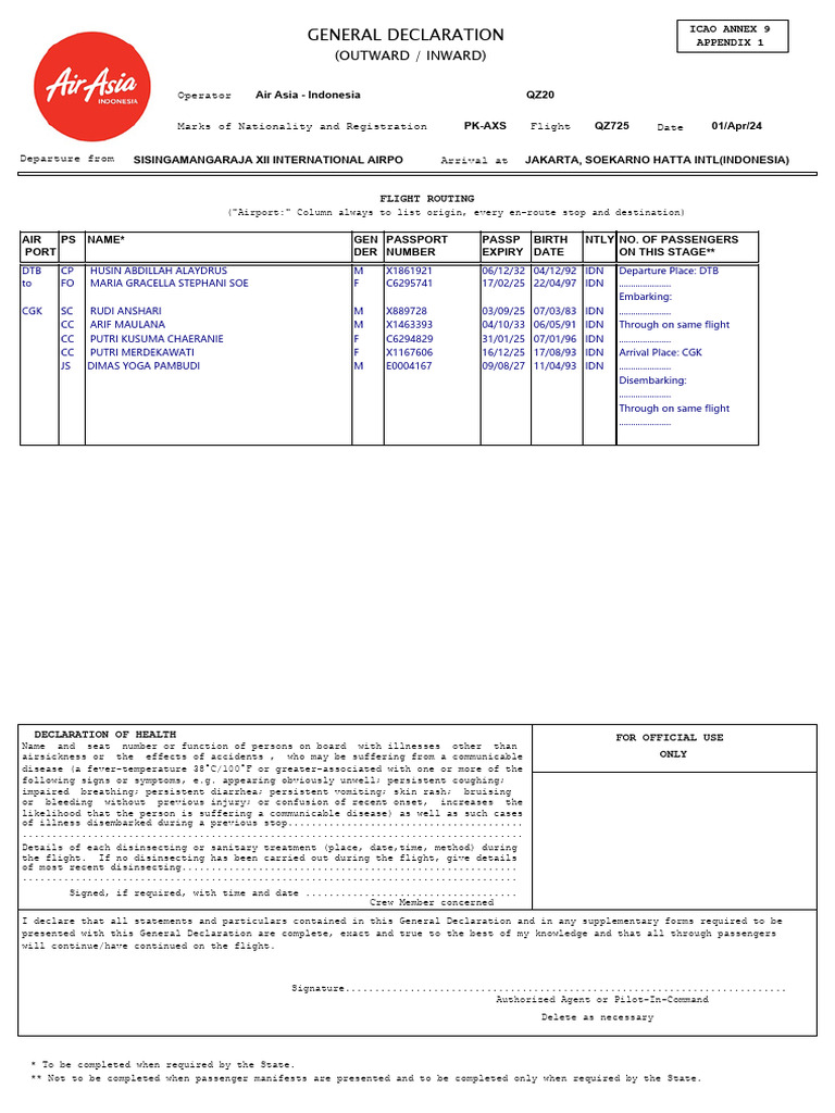 Flight QZ725 General Declaration | PDF | Medicine | Medical Specialties
