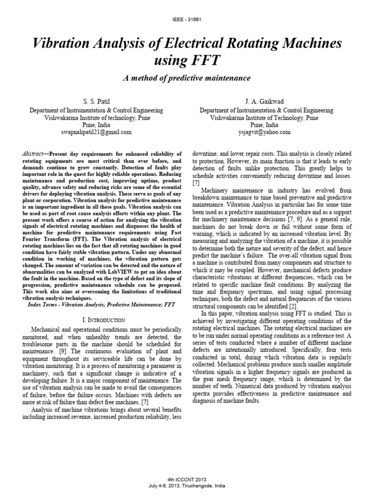 Vibration Analysis of Electrical Rotating Machines Using FFT | PDF | Gear | Accelerometer