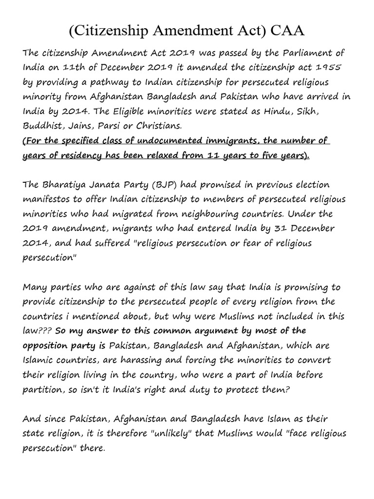(Citizenship Amendment Act) CAA | PDF
