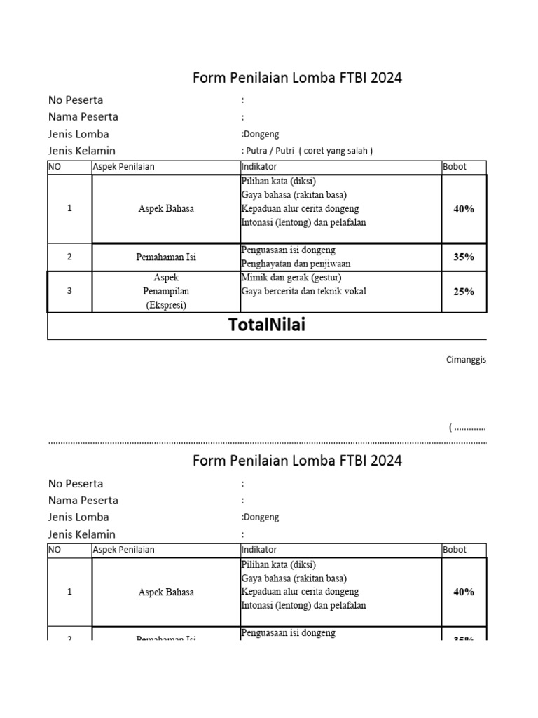 Form Penilaian FTBI | PDF