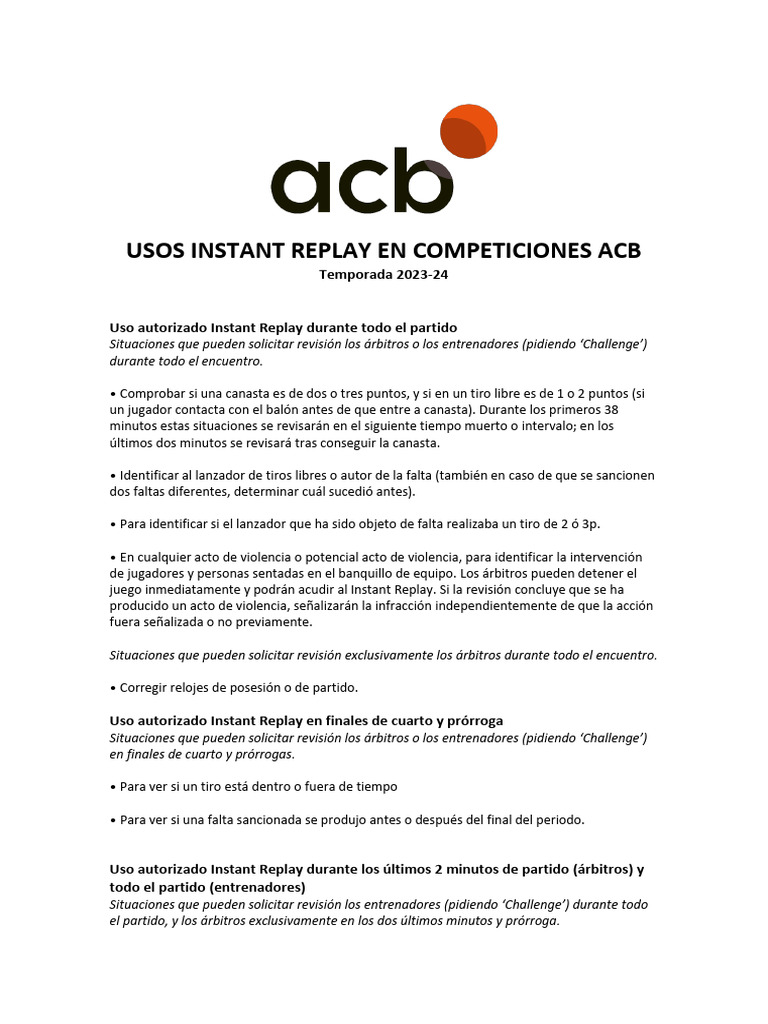 Usos de Instant Replay en ACB 2023-24 | PDF | Árbitro | Deportes